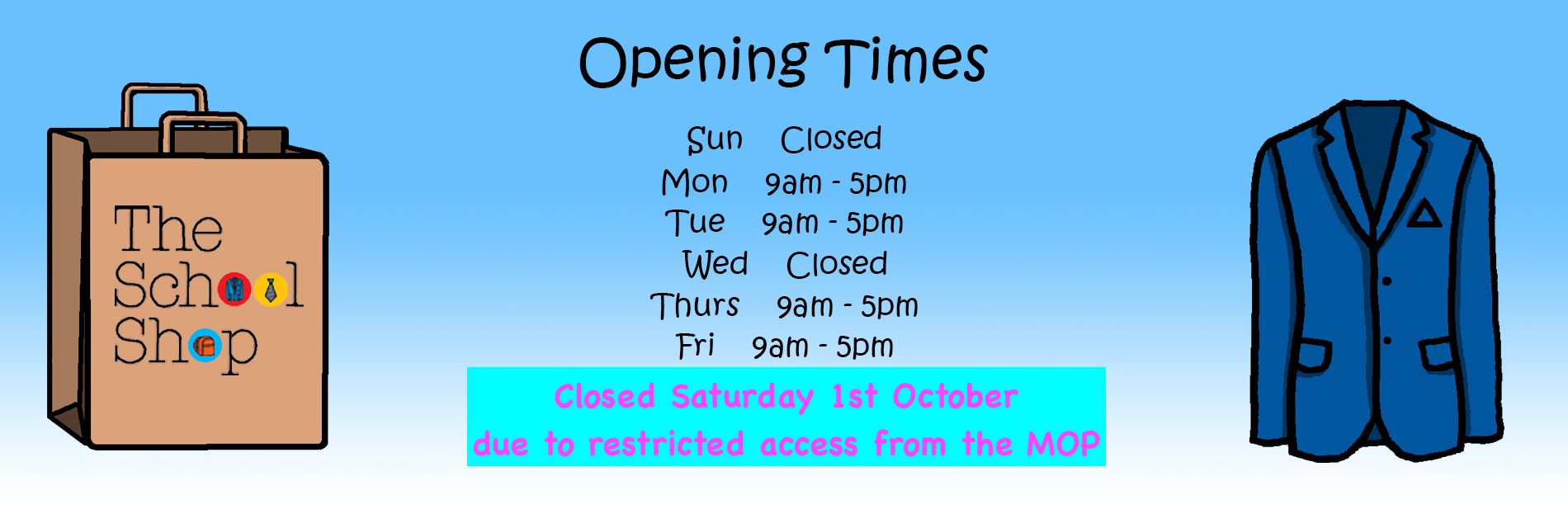 Closed wednesdays banner - The School Shop UK